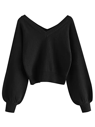 ZAFUL Women's Raglan Long Sleeve Double Side V Neck Short Sweater Casual Solid Cropped Knit Top Pullovers Black