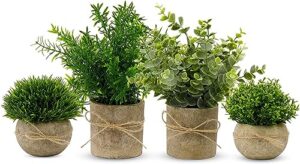 pengyee 4pcs small fake plants for shelf decor - faux plants indoor desk decorations - fake eucalyptus decor mini rosemary plants for home kitchen office room greenery decor