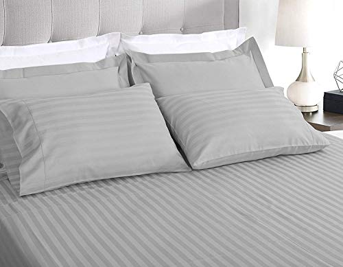 Damask Stripe Luxury 1500-TC Heavy Egyptian Cotton 4-PCs Sheet Set Fits 15-18 Inch Deep Pockets (1 Fitted, 1 Flat, 2 Pillowcase) Platinum Collection Bedding Set (Twin Size, Silver Grey)