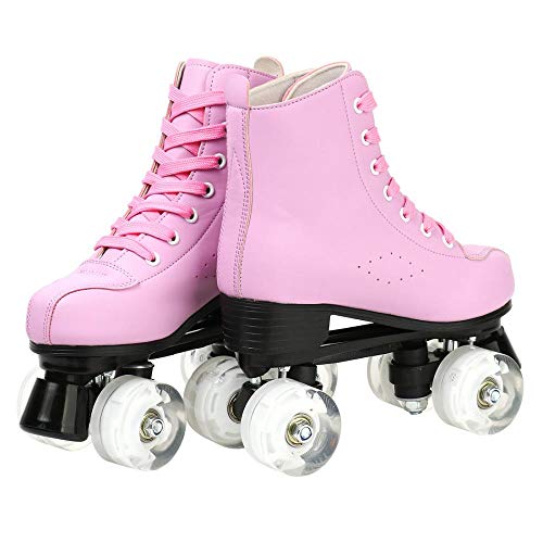 Comeon Women Roller Skates PU Leather High-top Roller Skates Four-Wheel Roller Skates Double Row Shiny Roller Skating for Indoor Outdoor (Pink Flash,10 M US)