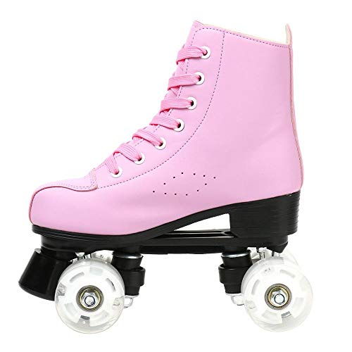 Comeon Women Roller Skates PU Leather High-top Roller Skates Four-Wheel Roller Skates Double Row Shiny Roller Skating for Indoor Outdoor (Pink Flash,10 M US)