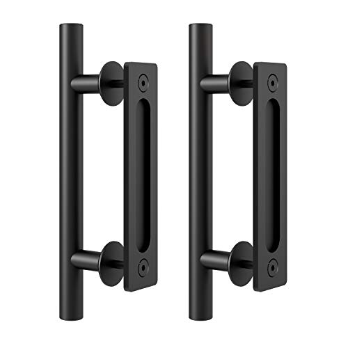 FaithLand 12" Heavy Duty Pull and Flush Door Handle Set in Black, Sliding Barn Door Handle - Fit Doors Up to 2 3/8'' - Pack of 2