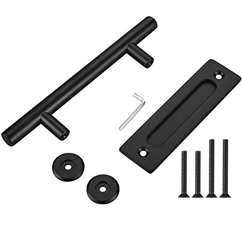 FaithLand 12" Heavy Duty Pull and Flush Door Handle Set in Black, Sliding Barn Door Handle - Fit Doors Up to 2 3/8'' - Pack of 2