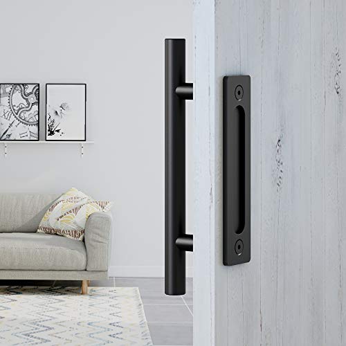 FaithLand 12" Heavy Duty Pull and Flush Door Handle Set in Black, Sliding Barn Door Handle - Fit Doors Up to 2 3/8'' - Pack of 2