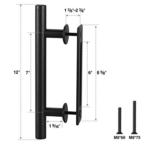 FaithLand 12" Heavy Duty Pull and Flush Door Handle Set in Black, Sliding Barn Door Handle - Fit Doors Up to 2 3/8'' - Pack of 2