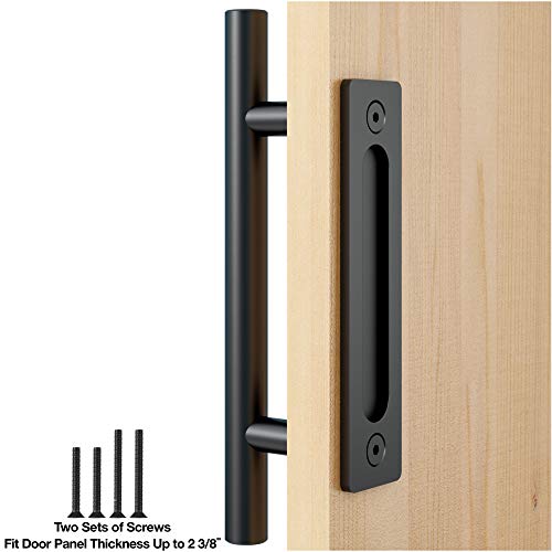 FaithLand 12" Heavy Duty Pull and Flush Door Handle Set in Black, Sliding Barn Door Handle - Fit Doors Up to 2 3/8'' - Pack of 2