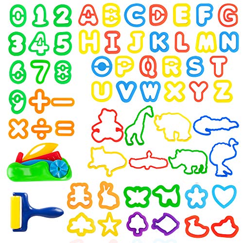 Play Dough Tools Set for Kids Letter Molds，Numeral Molds Various Plastic Animal Molds for Creative Dough Cutting (63 Pieces)