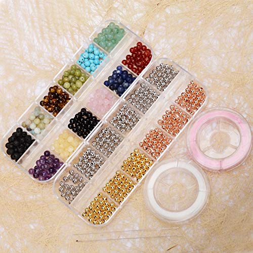 4mm Natural Mixed Materials Gemstones Beads and Brass Tiny Spacer Round Loose Beads Jewelry Making KIT with Thread and Needles 300PCS+300 PCS(12 Natural 3 Brass, 4mm)