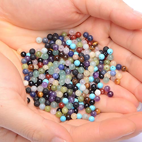 4mm Natural Mixed Materials Gemstones Beads and Brass Tiny Spacer Round Loose Beads Jewelry Making KIT with Thread and Needles 300PCS+300 PCS(12 Natural 3 Brass, 4mm)