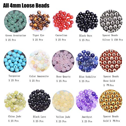 4mm Natural Mixed Materials Gemstones Beads and Brass Tiny Spacer Round Loose Beads Jewelry Making KIT with Thread and Needles 300PCS+300 PCS(12 Natural 3 Brass, 4mm)