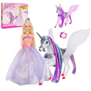 bettina color changing unicorn & princess doll, color change on whole unicorn under sunshine, 11.5'' princess doll toy, unicorn toys gifts with removable saddle&wings