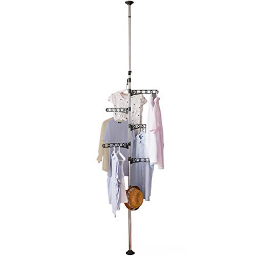 Hershii Adjustable Laundry Pole Corner Clothes Garment Drying Rack Hat Hanger Coat Tree Floor to Ceiling Tension Shelf Storage Organizer with 5 Arms and 1 Hook - Grey