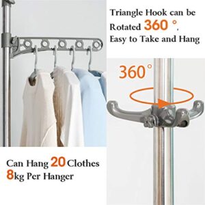 Hershii Adjustable Laundry Pole Corner Clothes Garment Drying Rack Hat Hanger Coat Tree Floor to Ceiling Tension Shelf Storage Organizer with 5 Arms and 1 Hook - Grey