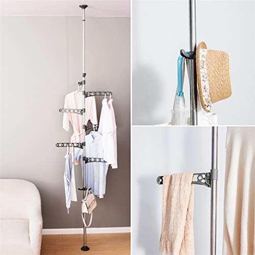 Hershii Adjustable Laundry Pole Corner Clothes Garment Drying Rack Hat Hanger Coat Tree Floor to Ceiling Tension Shelf Storage Organizer with 5 Arms and 1 Hook - Grey