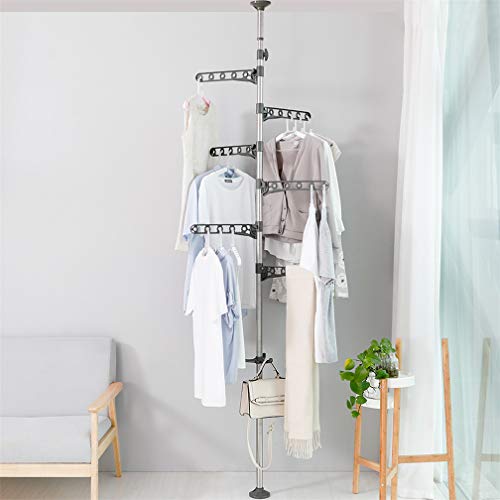 Hershii Adjustable Laundry Pole Corner Clothes Garment Drying Rack Hat Hanger Coat Tree Floor to Ceiling Tension Shelf Storage Organizer with 5 Arms and 1 Hook - Grey