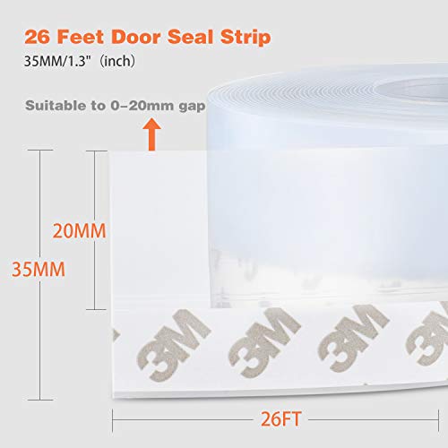 26 Feet Silicone Seal Strip,Door Weather Stripping Door Seal Strip Window Seal Silicone Sealing Tape for Door Draft Stopper Adhesive Tape for Doors Windows and Shower Glass Gaps (Transparent, 35MM)