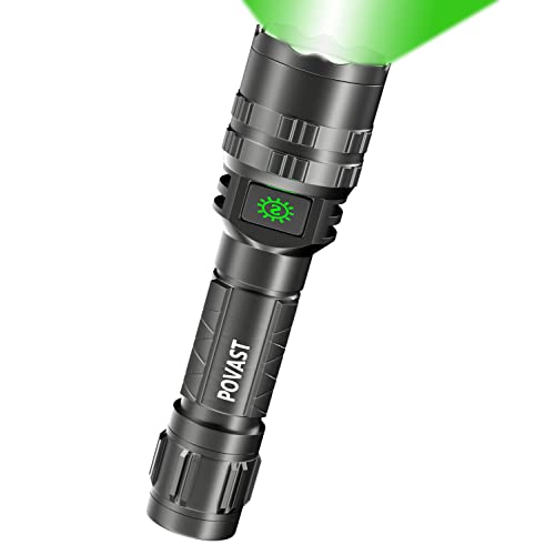 POVAST PVL2 Zoomable Green Light Rechargeable Led Flashlight, 1200 lumens Outdoor Bright Torch Light with Battery for Hunting