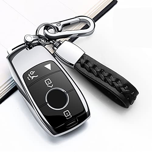 Compatible with Mercedes Benz Key Fob Cover with Keychain,Soft TPU 360 Degree Protection Key Shell Case for 2019-2021 A-Class C-Class G-Class 2017-2020 E-Class S-Class (Silver)