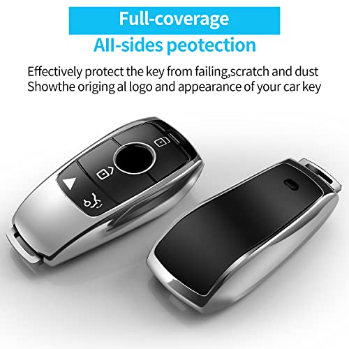 Compatible with Mercedes Benz Key Fob Cover with Keychain,Soft TPU 360 Degree Protection Key Shell Case for 2019-2021 A-Class C-Class G-Class 2017-2020 E-Class S-Class (Silver)