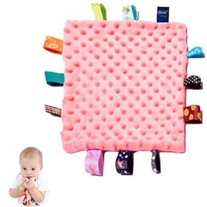 baby security blanket, pink appease blankets with colorful tags, infant tag toy, soft plush blanket, soothing sensory blanket(10 x 10 inches)