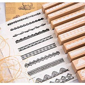 ALIMITOPIA Diary Stamp Set,Wooden Rubber Flower Signet Stamps for Children DIY Scrapbooking Planner Card Making(10pcs,Lace B)