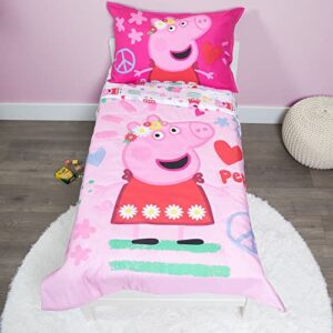 peppa pig be nice & kind 4 piece toddler bedding set - includes comforter, sheet set - fitted and top sheet + reversible pillow case for girls bed, pink