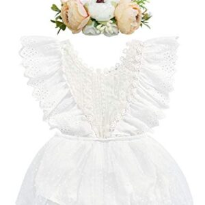 BGFKS Lace Ruffle Sleeve Romper Tutu for Baby Girl,Newborn Toddler Girls Bodysuit Tutu Dress with Flower Headband (White, 6-12 Months)