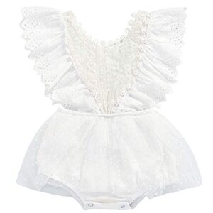 BGFKS Lace Ruffle Sleeve Romper Tutu for Baby Girl,Newborn Toddler Girls Bodysuit Tutu Dress with Flower Headband (White, 6-12 Months)