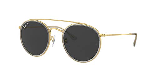 Ray-Ban RB3647N Double Bridge Round Sunglasses, Legend Gold/Polarized Black, 51 mm