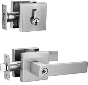 berlin modisch contemporary square entry lever door handle and single cylinder deadbolt locking lever handle set [front door or office] right & left sided doors heavy duty – satin nickel finish