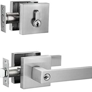 Berlin Modisch Contemporary Square Entry Lever Door Handle and Single Cylinder Deadbolt Locking Lever Handle Set [Front Door or Office] Right & Left Sided Doors Heavy Duty – Satin Nickel Finish