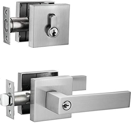 Berlin Modisch Contemporary Square Entry Lever Door Handle and Single Cylinder Deadbolt Locking Lever Handle Set [Front Door or Office] Right & Left Sided Doors Heavy Duty – Satin Nickel Finish