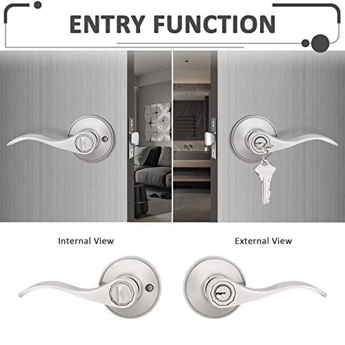 Probrico (2 Pack) Entry Door Lever [Lock with 3 Keys],Locking Door Handle Set for Office or Front Door,Satin Nickel Finish Wave Entrance Door Lock with Key, Reversible Right & Left Side Handed