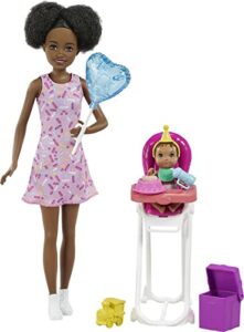 barbie skipper babysitters inc. dolls & playset with babysitting skipper doll, color-change baby doll, high chair & party-themed accessories for kids 3 to 7 years old