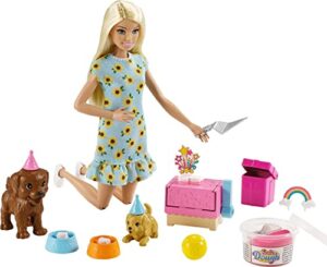 barbie puppy party doll and playset, blonde doll with sunflower dress, 2 pet puppies, cake mold, dough and accessories