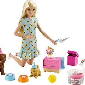 Barbie Puppy Party Doll and Playset, Blonde Doll with Sunflower Dress, 2 Pet Puppies, Cake Mold, Dough and Accessories