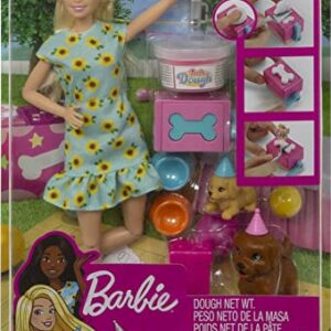 Barbie Puppy Party Doll and Playset, Blonde Doll with Sunflower Dress, 2 Pet Puppies, Cake Mold, Dough and Accessories