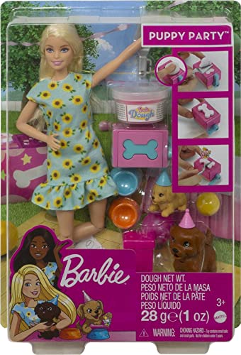 Barbie Puppy Party Doll and Playset, Blonde Doll with Sunflower Dress, 2 Pet Puppies, Cake Mold, Dough and Accessories