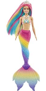 barbie dreamtopia doll, rainbow magic mermaid with rainbow hair and blue eyes, water-activated color-change feature