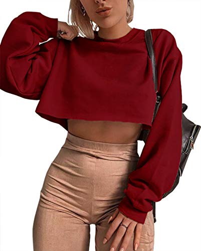 Artfish Women's Crewneck Long Sleeve Crop Tops Workout Casual Pullover Loose Sweatshirts Maroon Burgundy Christmas Red M