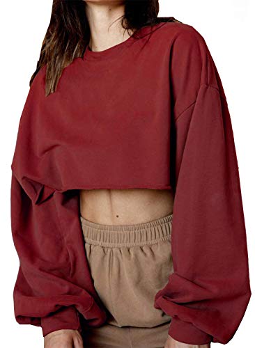 Artfish Women's Crewneck Long Sleeve Crop Tops Workout Casual Pullover Loose Sweatshirts Maroon Burgundy Christmas Red M