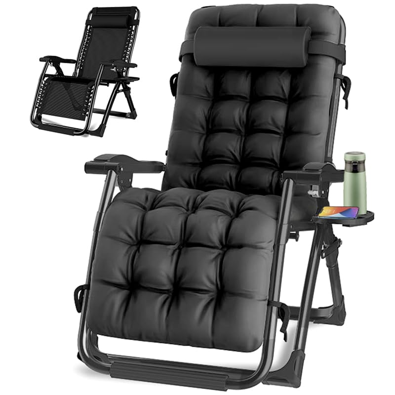 Oversized Zero Gravity Chair, Lawn Recliner, Reclining Patio Lounger Chair, Folding Portable Chaise, with Detachable Soft Cushion, Cup Holder, Adjustable Headrest, Support 500 lbs. (Black Cushion)