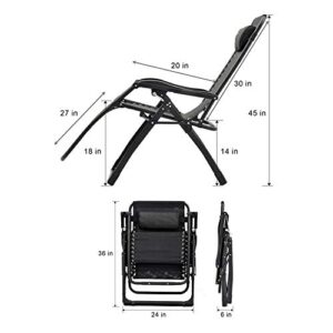 Oversized Zero Gravity Chair, Lawn Recliner, Reclining Patio Lounger Chair, Folding Portable Chaise, with Detachable Soft Cushion, Cup Holder, Adjustable Headrest, Support 500 lbs. (Black Cushion)