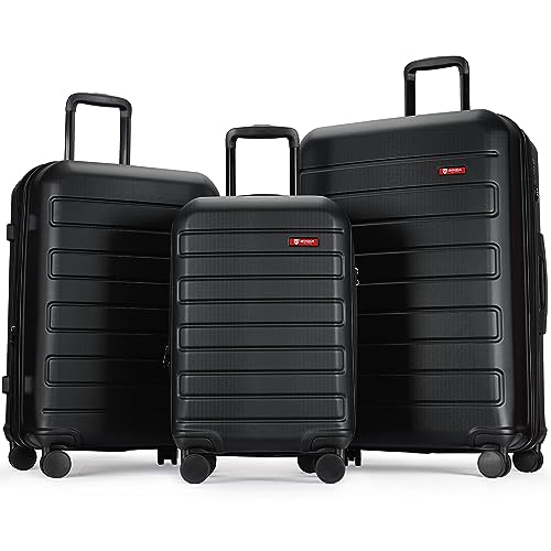 GinzaTravel 3-Piece ABS Luggage Set with TSA Locks, Expandable, and Friction-Resistant in Black - Includes 20", 24" & 28" Spinner Suitcases