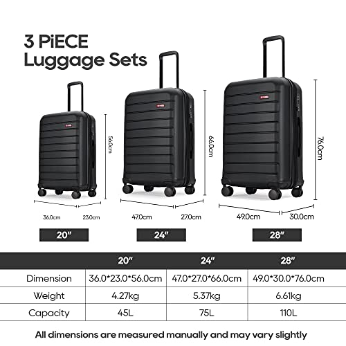 GinzaTravel 3-Piece ABS Luggage Set with TSA Locks, Expandable, and Friction-Resistant in Black - Includes 20", 24" & 28" Spinner Suitcases