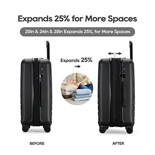 GinzaTravel 3-Piece ABS Luggage Set with TSA Locks, Expandable, and Friction-Resistant in Black - Includes 20", 24" & 28" Spinner Suitcases