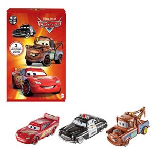 mattel disney cars toys, radiator springs 3-pack of die-cast toy cars & trucks with lightning mcqueen, mater & sheriff