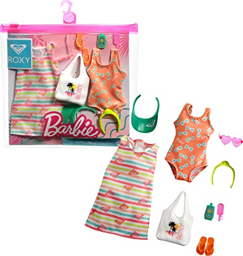 Barbie Storytelling Fashion Pack of Doll Clothes Inspired by Roxy: Striped Dress, Roxy Swimsuit & 7 Beach-Themed Accessories Including Frozen Treat, Gift for 3 to 8 Year Olds