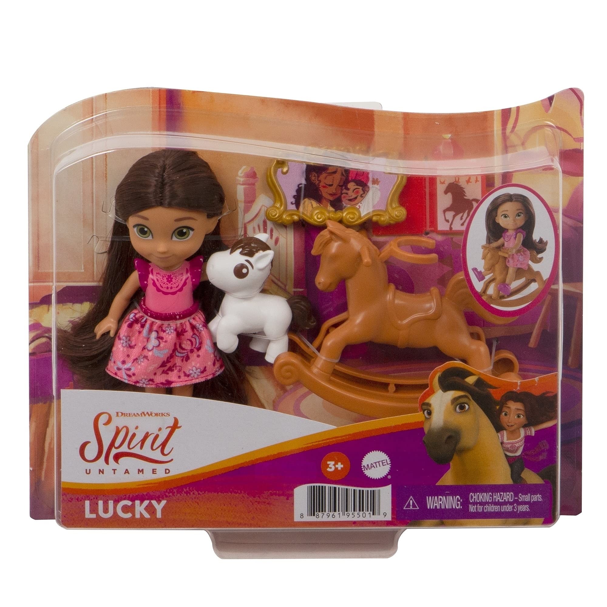 Mattel Spirit Untamed Young Lucky Doll (Approx. 4-in), 5 Movable Joints & Story Accessories: Rocking Horse, Small Horse & More, Great Gift for Ages 3 Years Old & Up