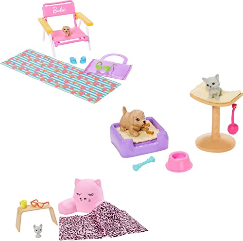 Barbie Accessory Pack Bundle with 3 Accessory Sets Themed to Lounging, Beach Day & Pet Playdate, with 4 Pets and 15 Accessories, Gift for 3 to 7 Year Olds